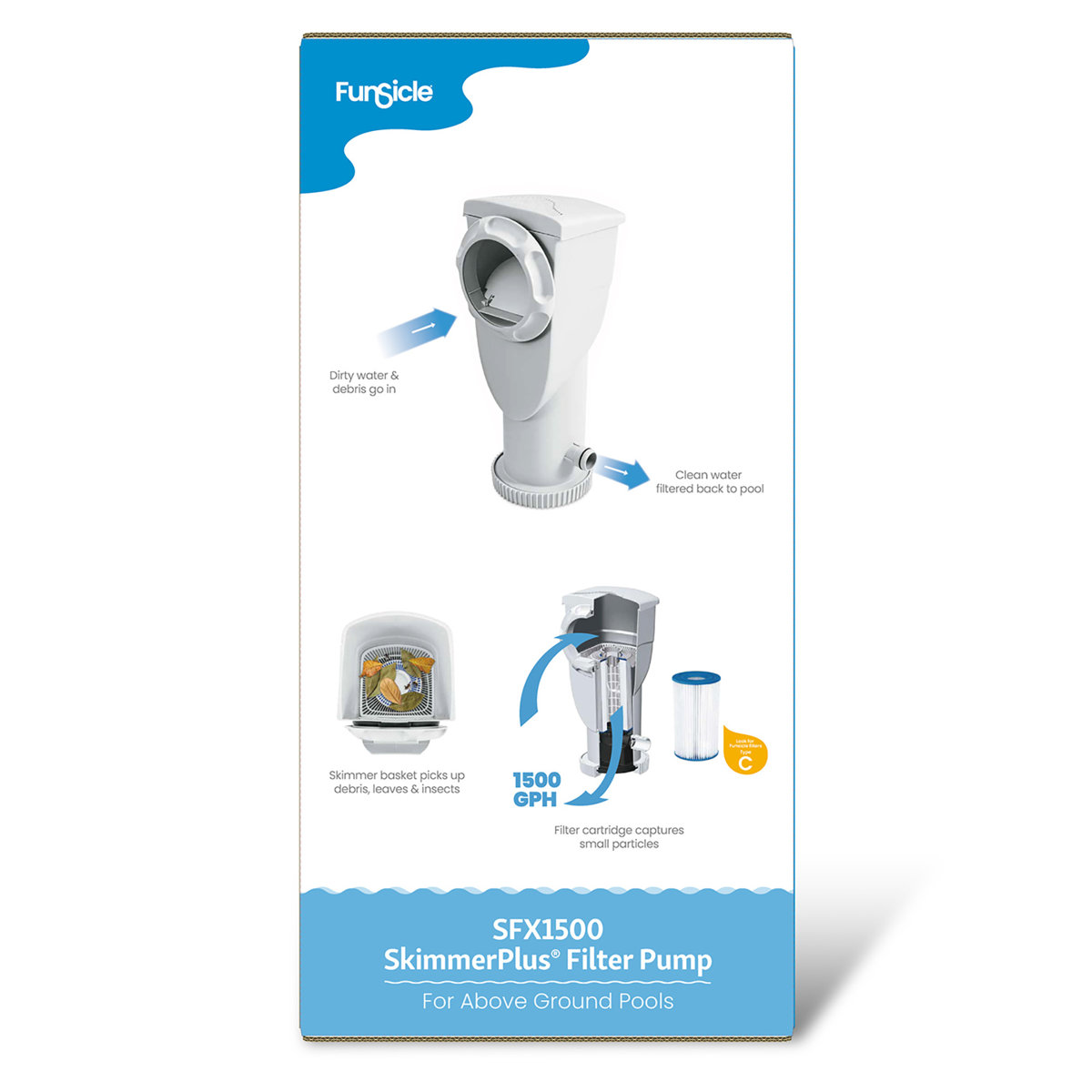 Funsicle: SFX1500 SkimmerPlus Filter Pump - For Above Ground Swimming Pools, Type C Filter ...